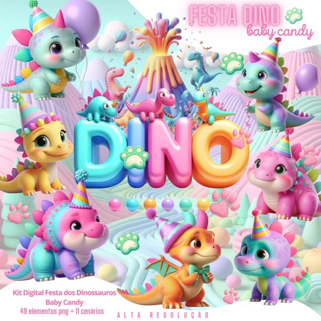 Kit Digital Festa dos Dinossauros Cliparts Baby Candy Png - Midas Design