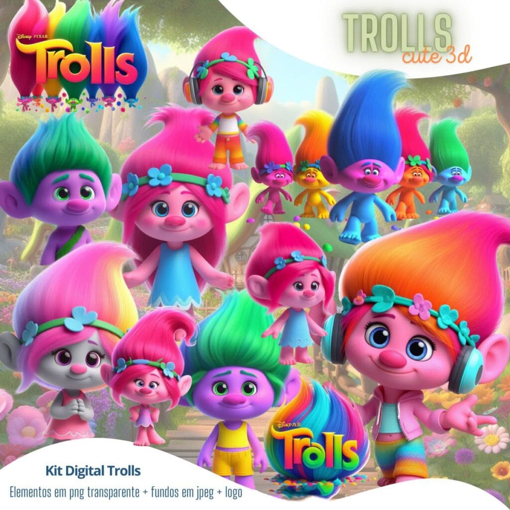 Kit Digital Trolls Ilustrações e Imagens PNGs para Imprimir - Midas Design