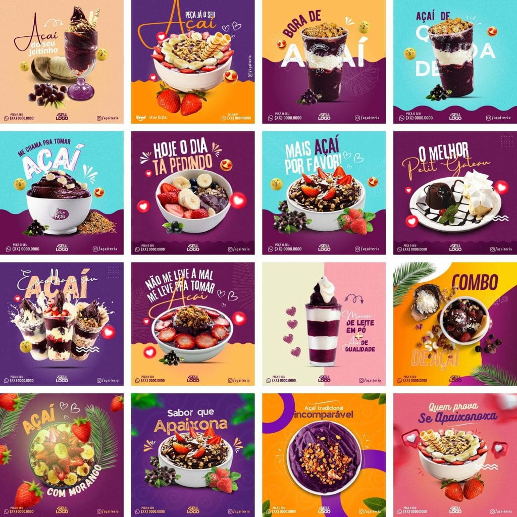 Pack Canva Açaí Templates Editáveis 32 Artes + Bônus - Midas Design